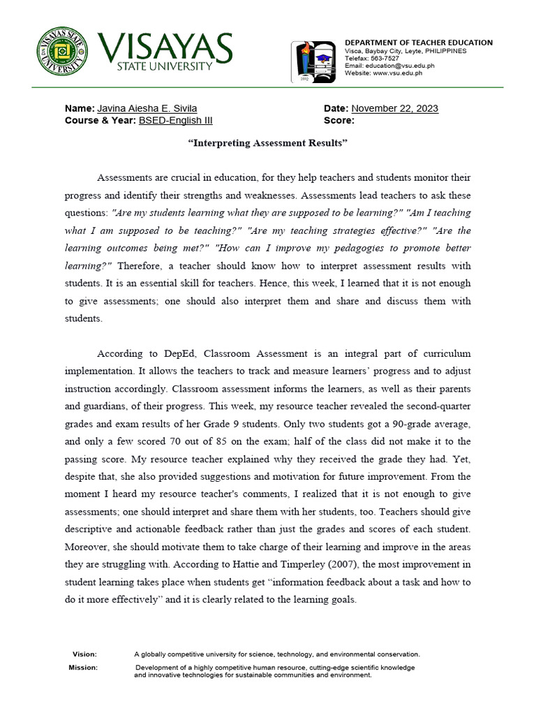 Sivila - Reflection 6 - Field Study | PDF | Teachers | Educational ...