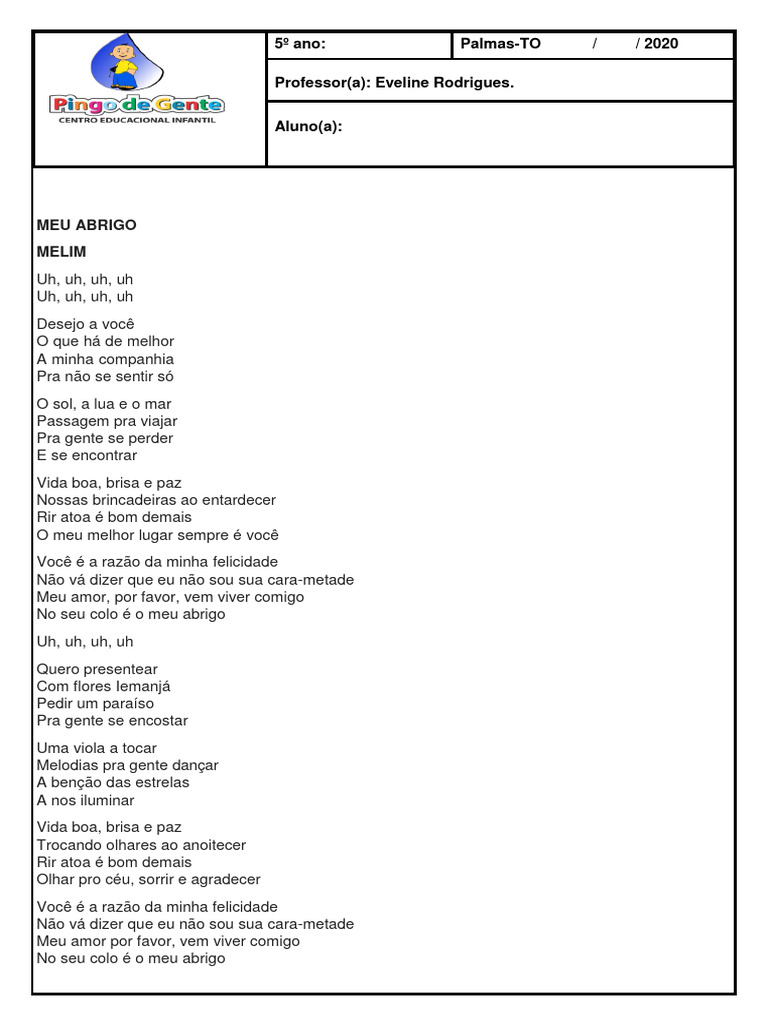 Análise da Música "Meu Abrigo" - 5º Ano | PDF | Poesia