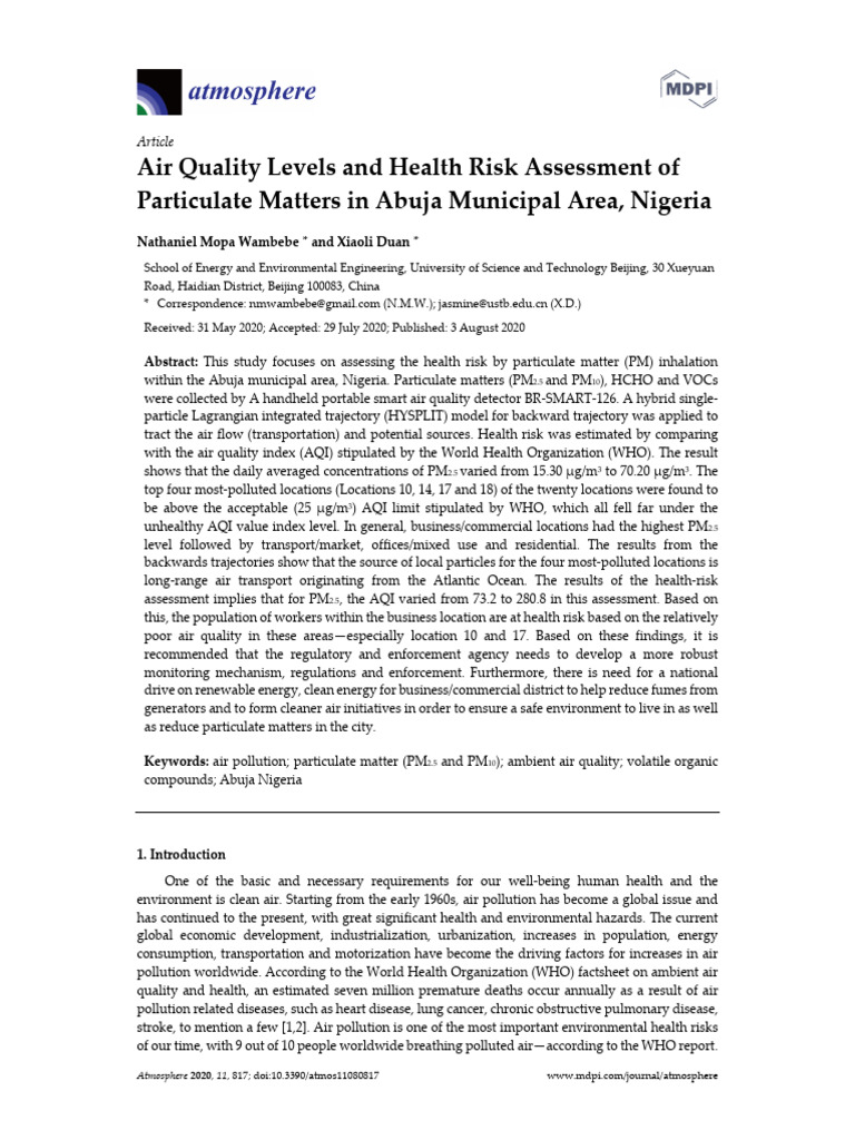 Air Quality Levels and Health Risk Assessment of P | PDF | Air ...