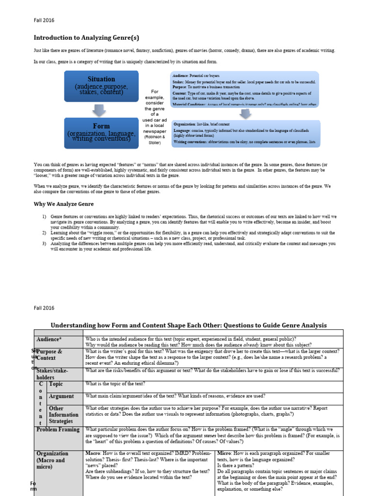 Genre Analysis Core Concepts Handout | PDF