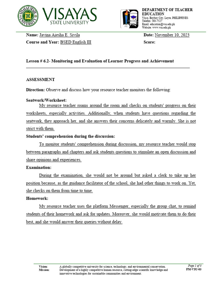 SIVILA - ASSESSMENT 6.2 - Field Study | PDF | Science | Sustainability