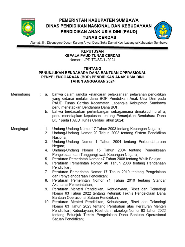 SK Bendahara BOSP PAUD 2024 (Panduanmengajar - Com) | PDF