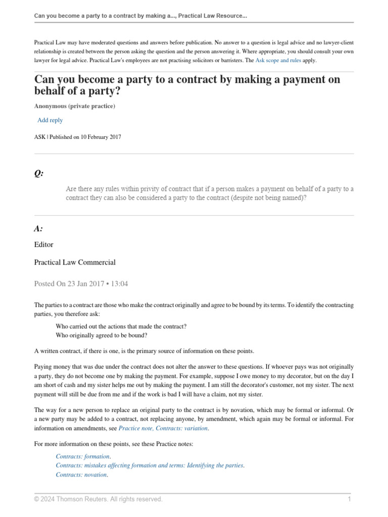 Can You Become A Party To A Contract by Making A Payment On Behalf of A ...