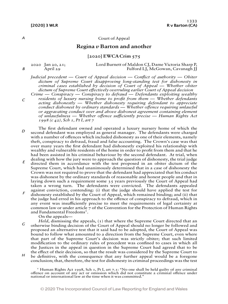 Court of Appeal Ruling on Dishonesty Test in R v Barton | PDF ...