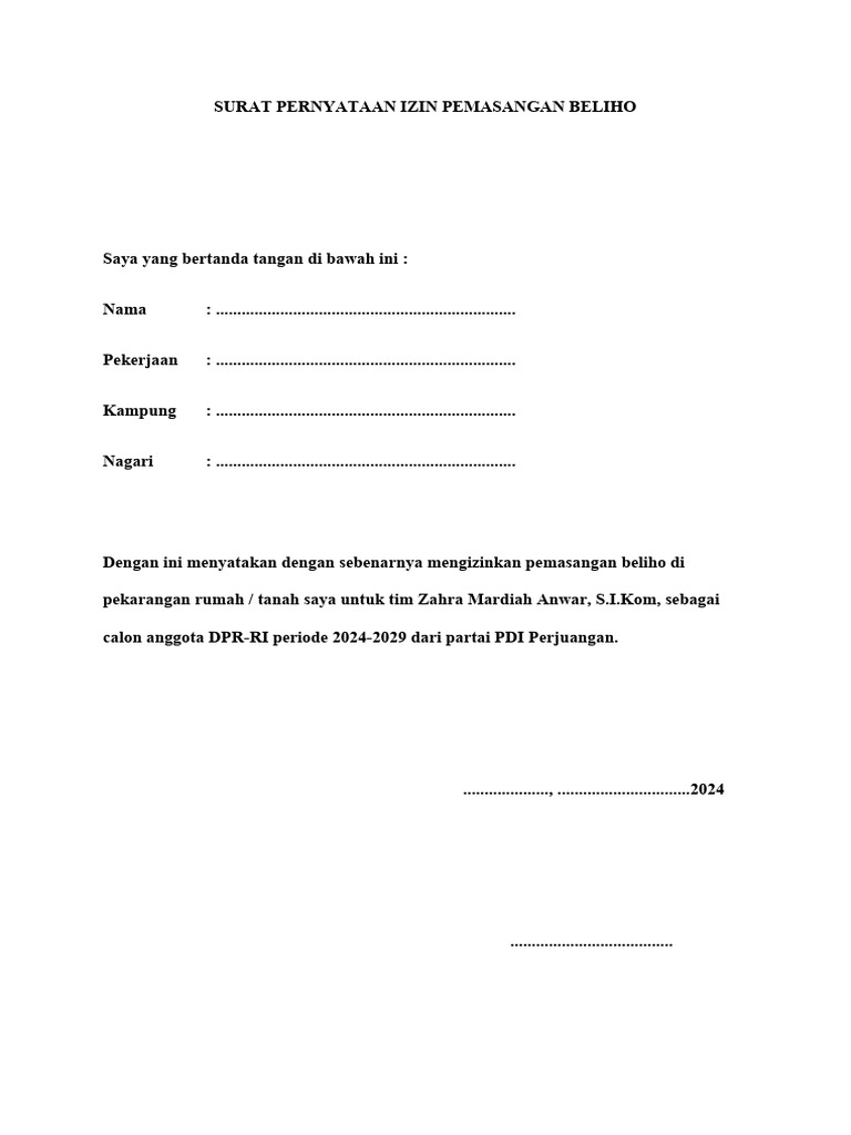 Surat Pernyataan Izin Pemasangan Beliho | PDF