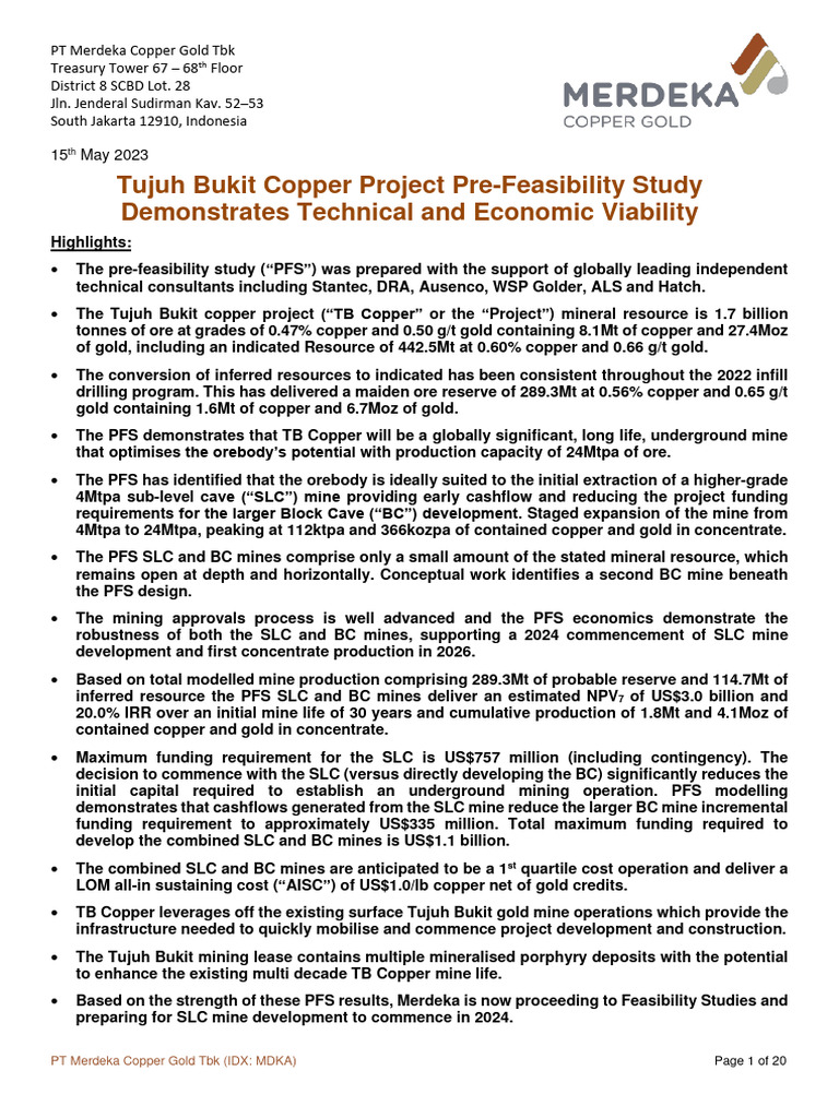 Tujuh Bukit Copper Project PFS Results | PDF | Mining | Ore