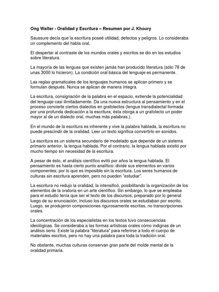 Ong Walter - Oralidad y Escritura (Resumen) | PDF | Homero | Poesía