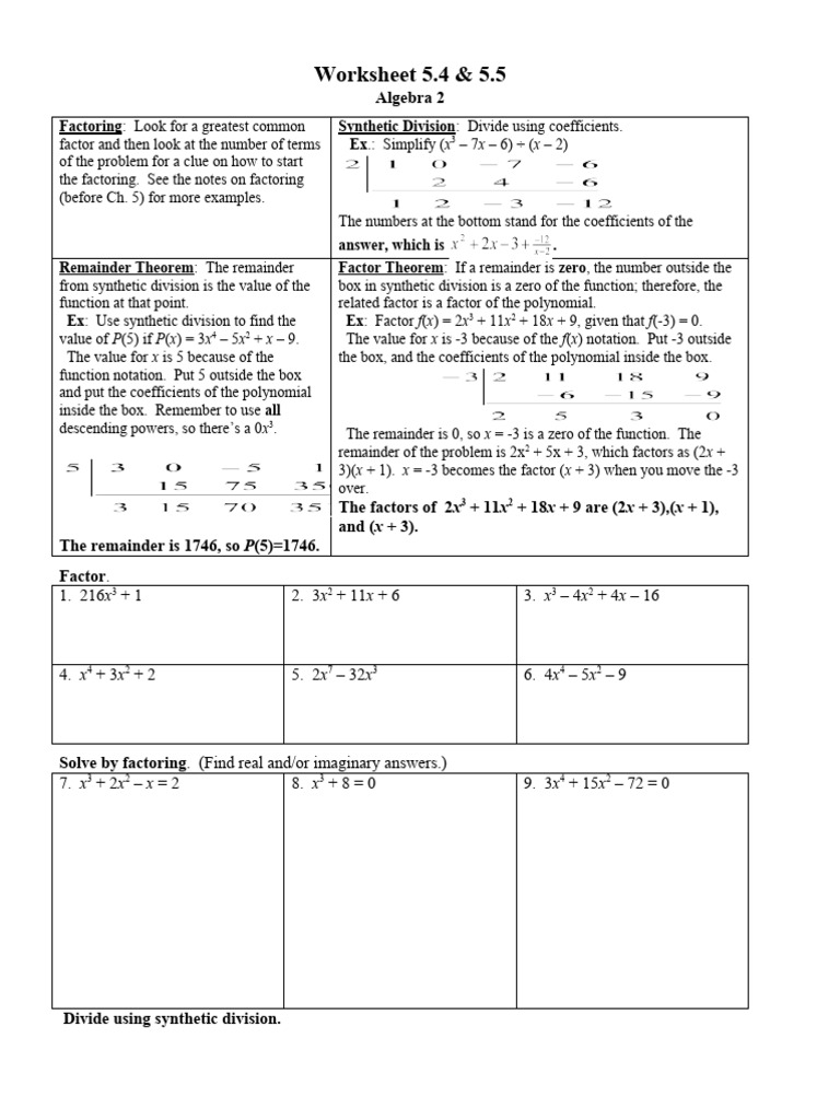 Factoring and Synthetic Division Guide | PDF | Factorization | Polynomial