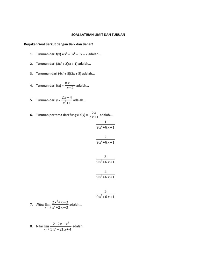 Soal Latihan Limit dan Turunan | PDF