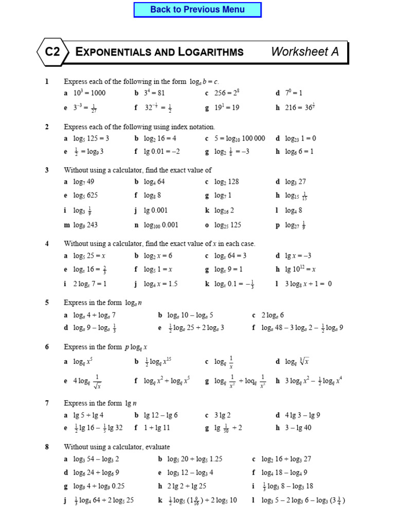 C2 Exponential and Logarithms | PDF | Equations | Logarithm