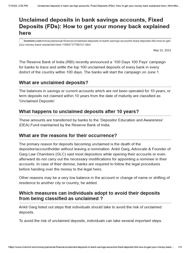 Unclaimed Deposits in Bank Savings Accounts, Fixed Deposits (FDS) - How To Get Your Money Back ...