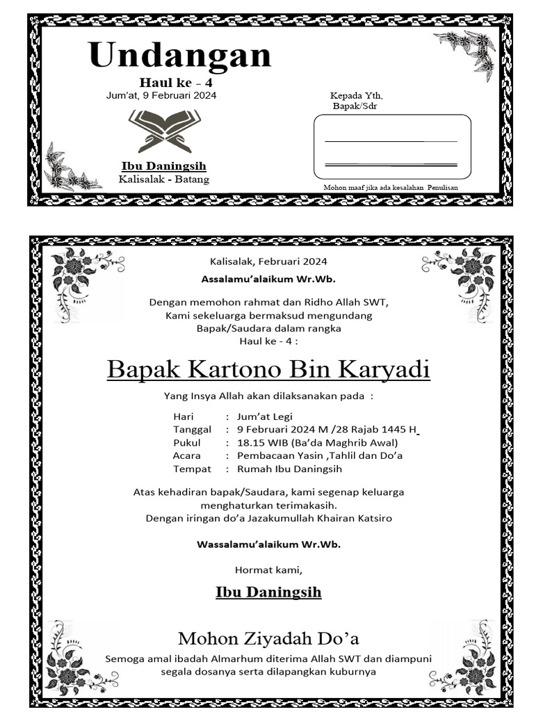 Undangan Haul Bapak Kartono ke-4 | PDF