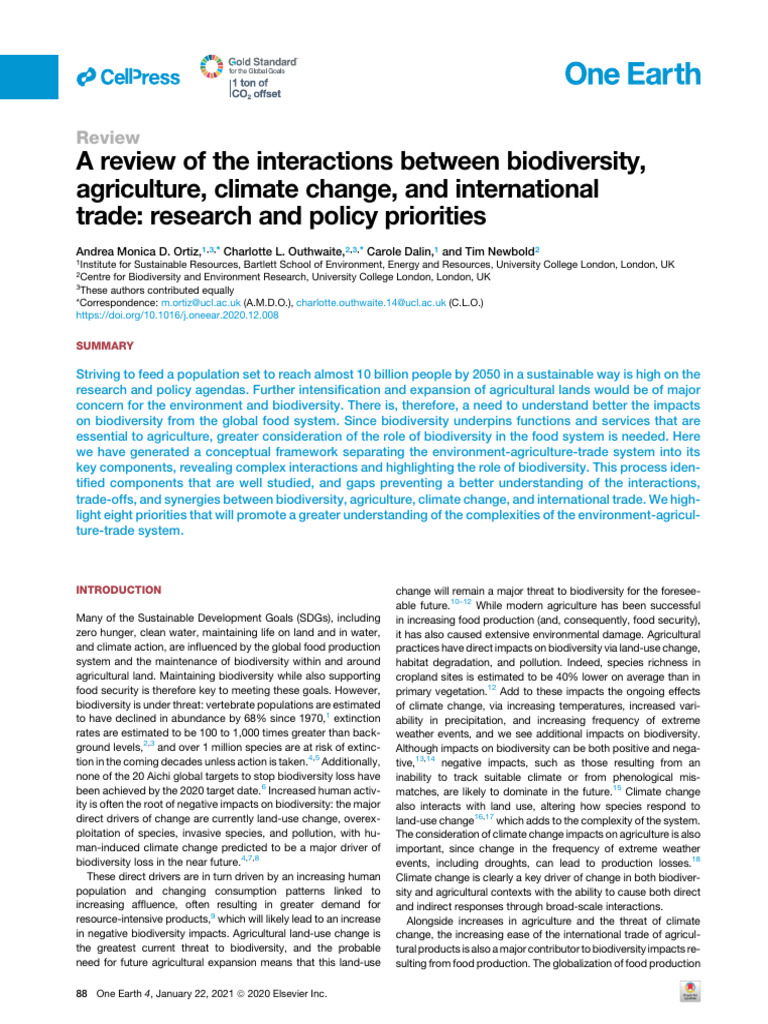 A Review of The Interactions Between Biodiversity, Agriculture, Climate ...