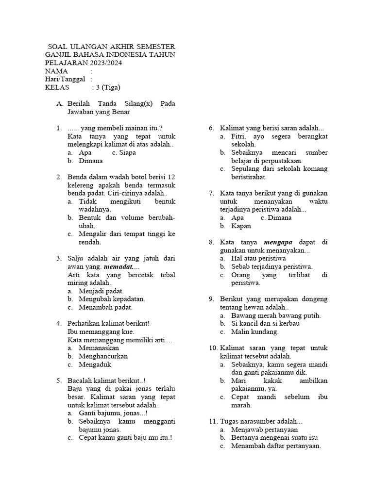 Soal Ulangan Akhir Semester Ganjil Bahasa Indonesia Tahun Pelajaran 2023 | PDF | Seni & Disiplin ...