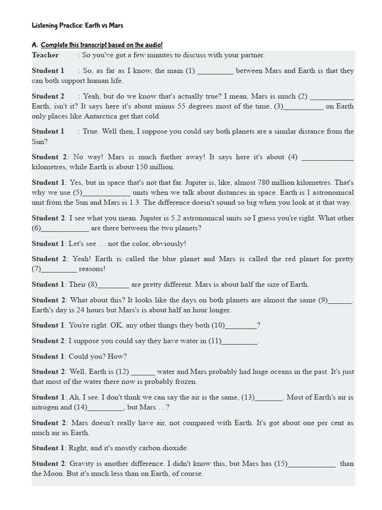 Listening Practice Earth Vs Mars | PDF | Mars | Atmosphere Of Earth