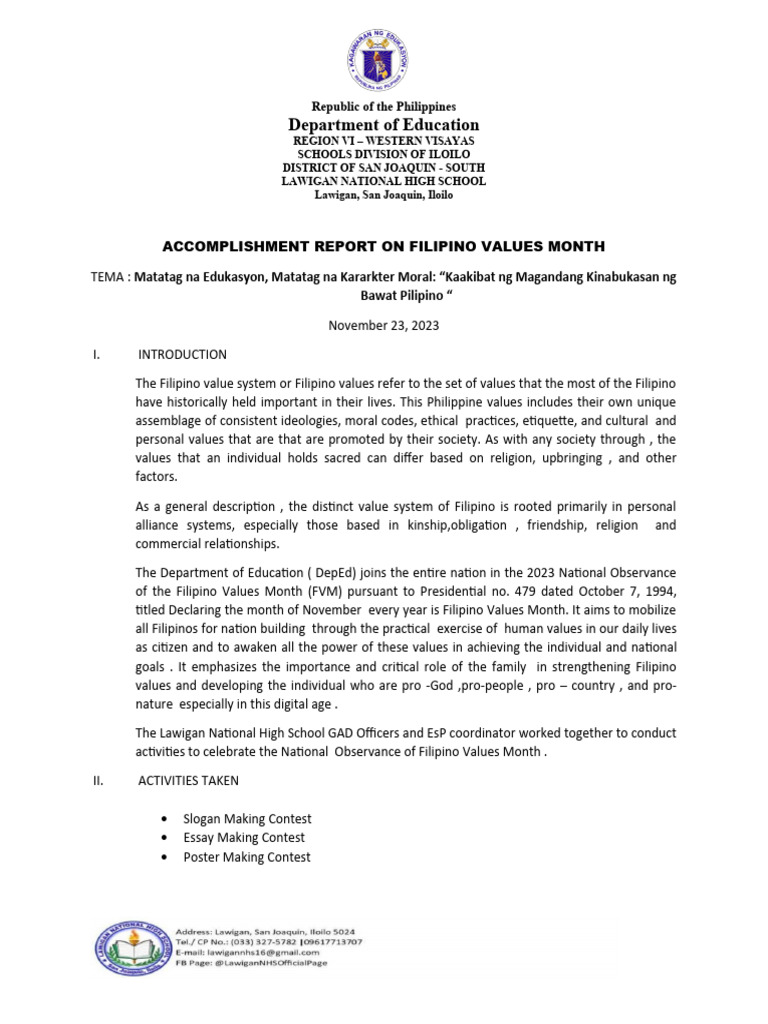 Accomplishment Report On Filipino Values Month | PDF | Philippines
