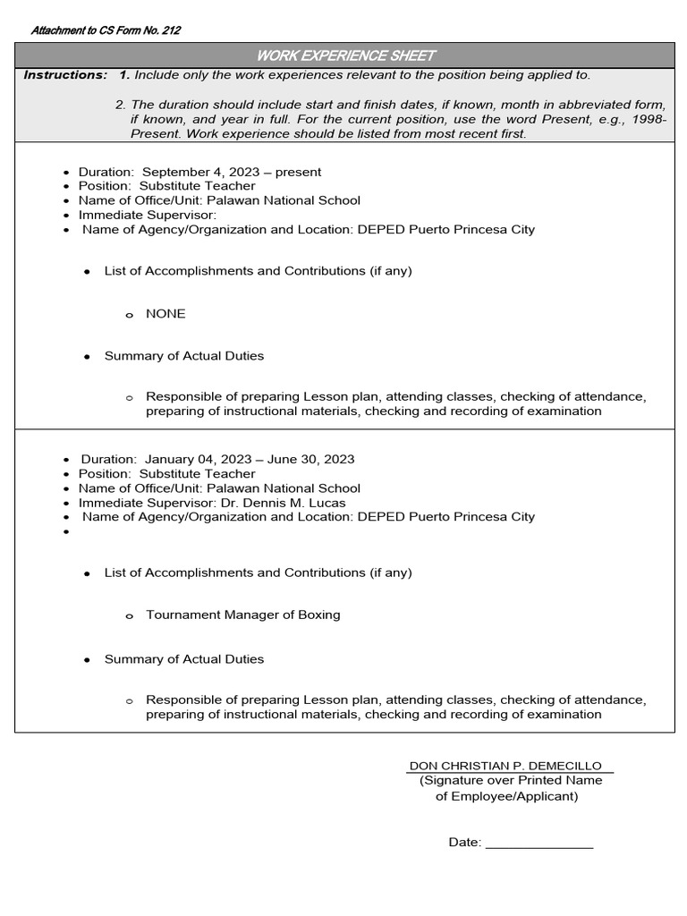 CS Form No. 212 Attachment - Work Experience Sheet | Download Free PDF ...