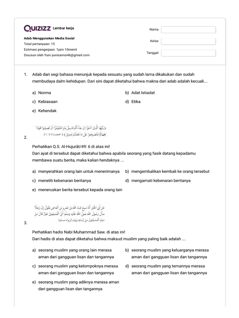 Adab Menggunakan Media Sosial - Quizizz | PDF
