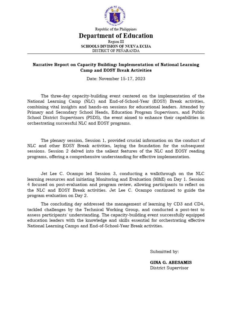 Narrative Report On Trainings Attended by SUpervsisor | PDF ...