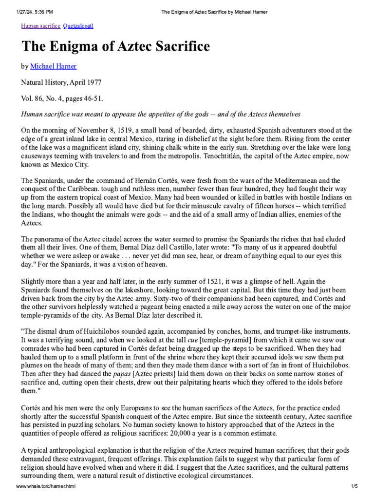 The Enigma of Aztec Sacrifice by Michael Harner | PDF