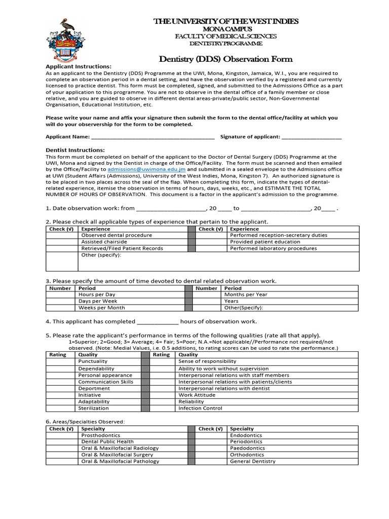 DDS Work Observation Blank Form | PDF | Dentistry | Dental Degree