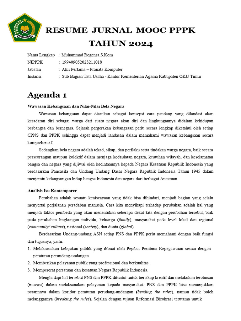 Resume Jurnal Mooc PPPK Tahun 2024 - Muhammad Regensa | PDF | Karier & Perkembangan