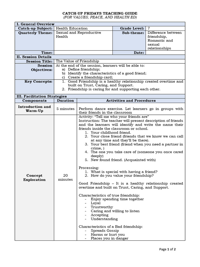 Teaching Guide Catchup Template Health Grade7 1 | PDF | Friendship ...