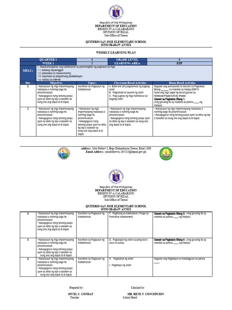 Weekly Learning Plan Week 2 | PDF