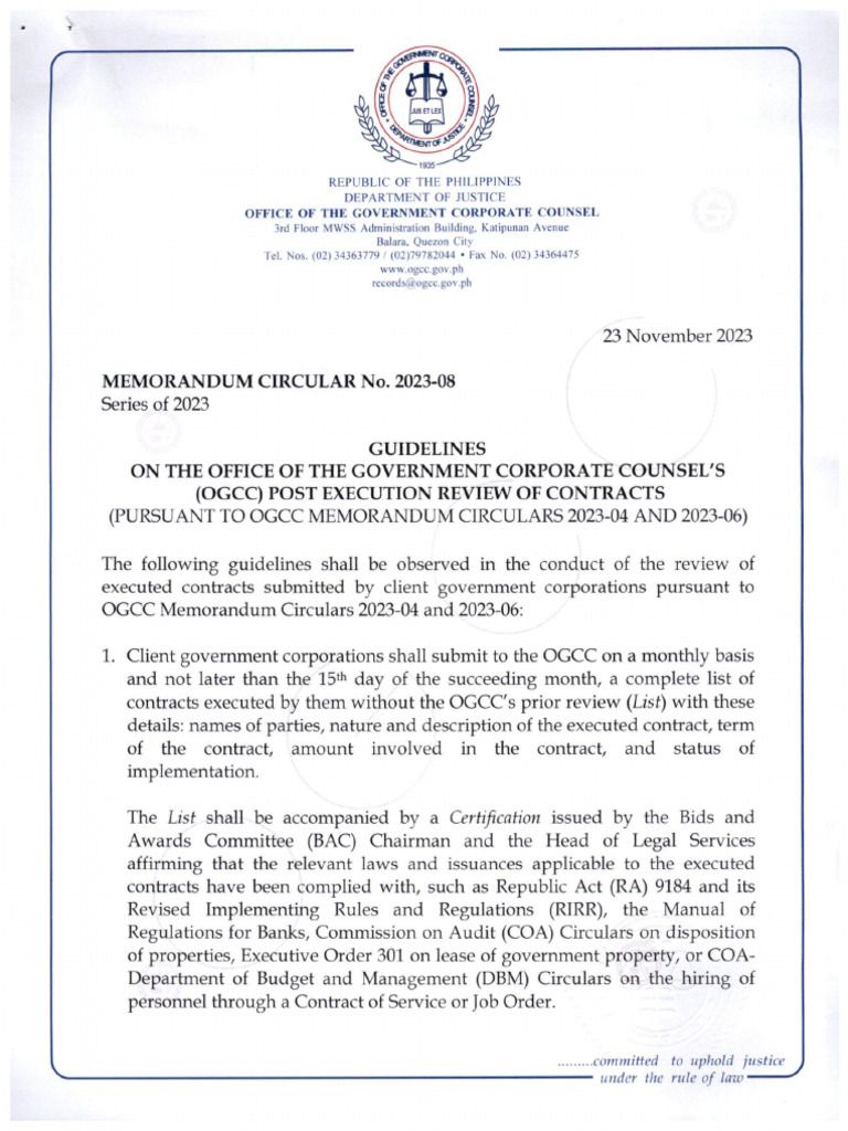 OGCC MEMORANDUM CIRCULAR NO. 2023-08 (GUIDELINES ON THE OGCC'S POST ... OGCC MEMORANDUM CIRCULAR NO. 2023-08 (GUIDELINES ON THE OGCC'S POST ...