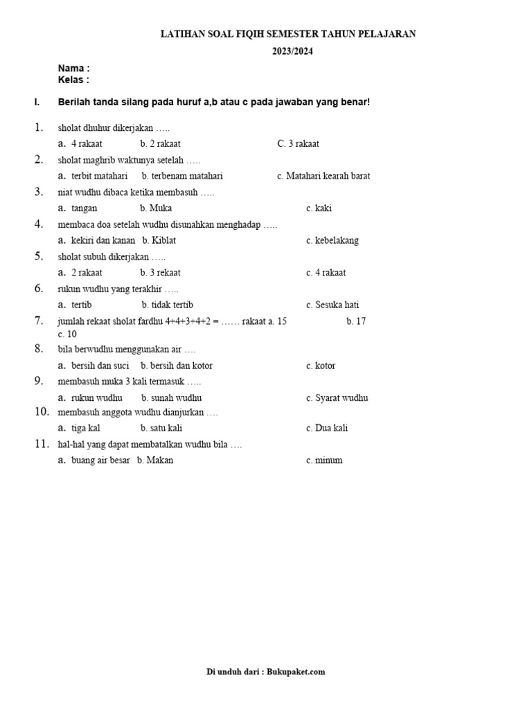 Soal Fikih Kelas 1 Sem 2 | PDF