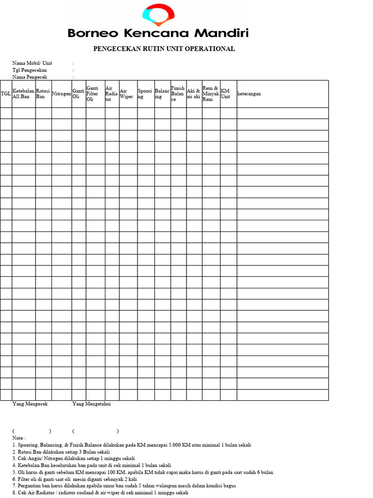 Contoh Form Pengecekan Mobil Secara Berkala | PDF