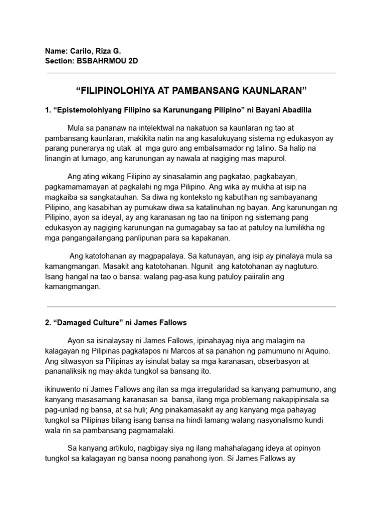 Filipinolohiya Reflection | PDF