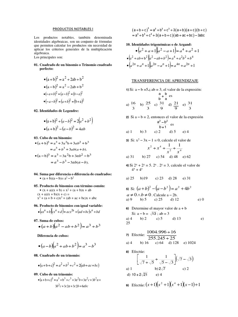 Productos Notables en Álgebra | PDF | Álgebra | Matemática Elemental