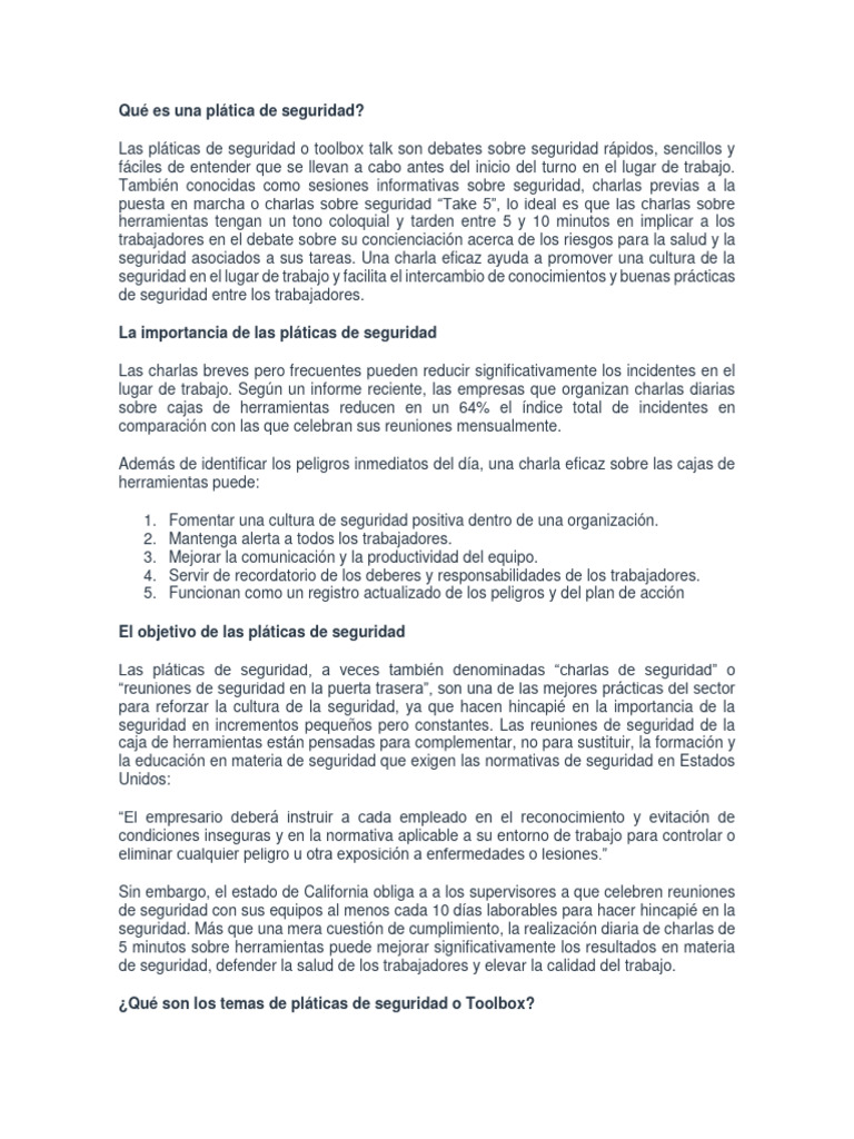 Qué Es Una Plática de Seguridad | PDF