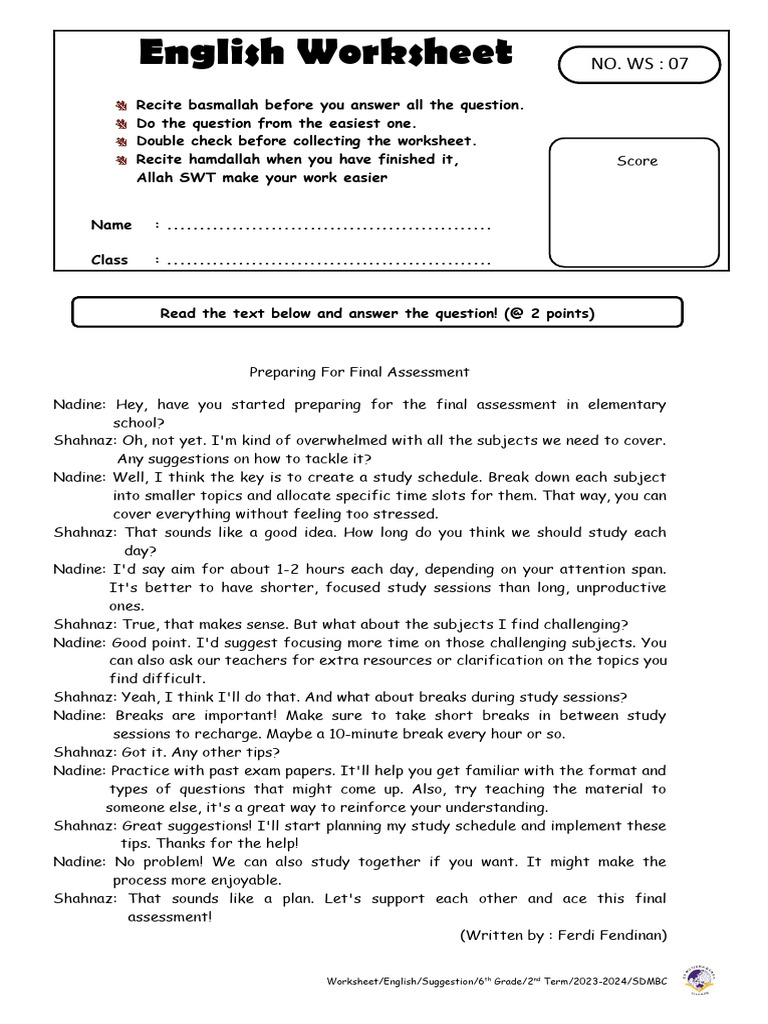 English Worksheet - 6th Suggestion-1 | PDF | Learning | Cognition