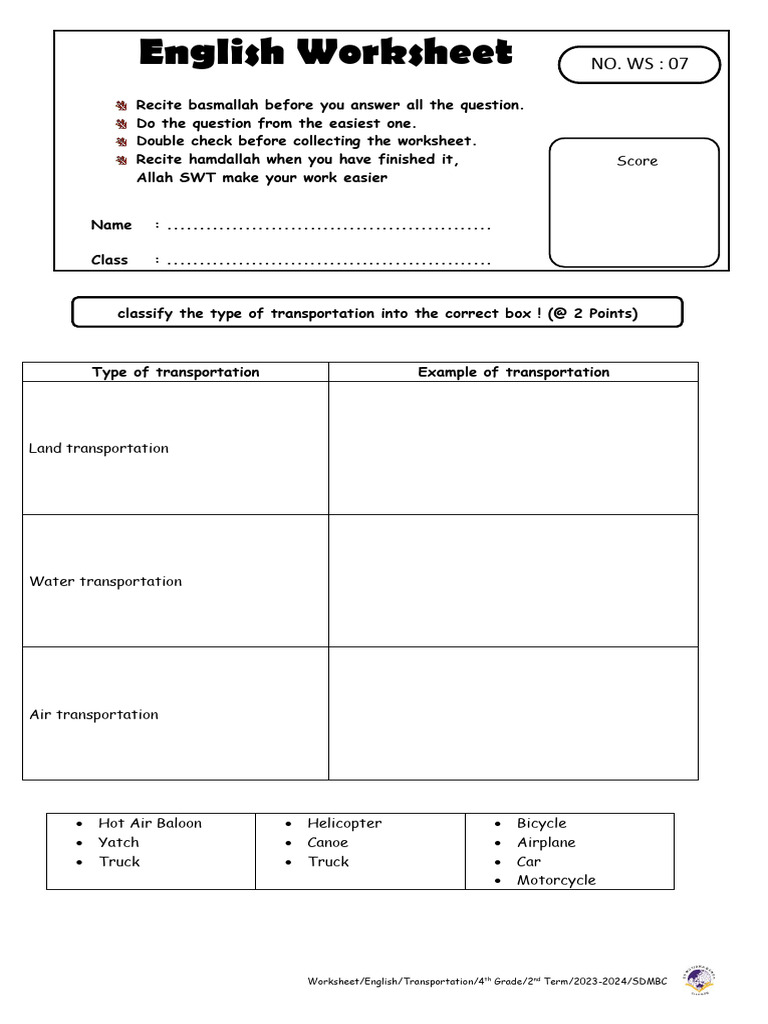 Grade 4 Transportation Worksheet | PDF | Transport | Land Vehicles