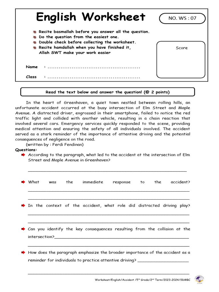 English Worksheet - 5th Grade Accident | PDF | Road Transport | Land ...
