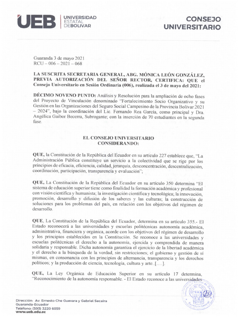 RCU-068 Ampliación Ocho Fases, Proyecto Vinculación, Dirige Lic. Fernando Rea, Inserción 70 ...
