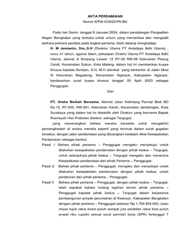 Salinan Putusan No 8 - PDT - G - 2023 - PN - BKL | PDF | Hukum