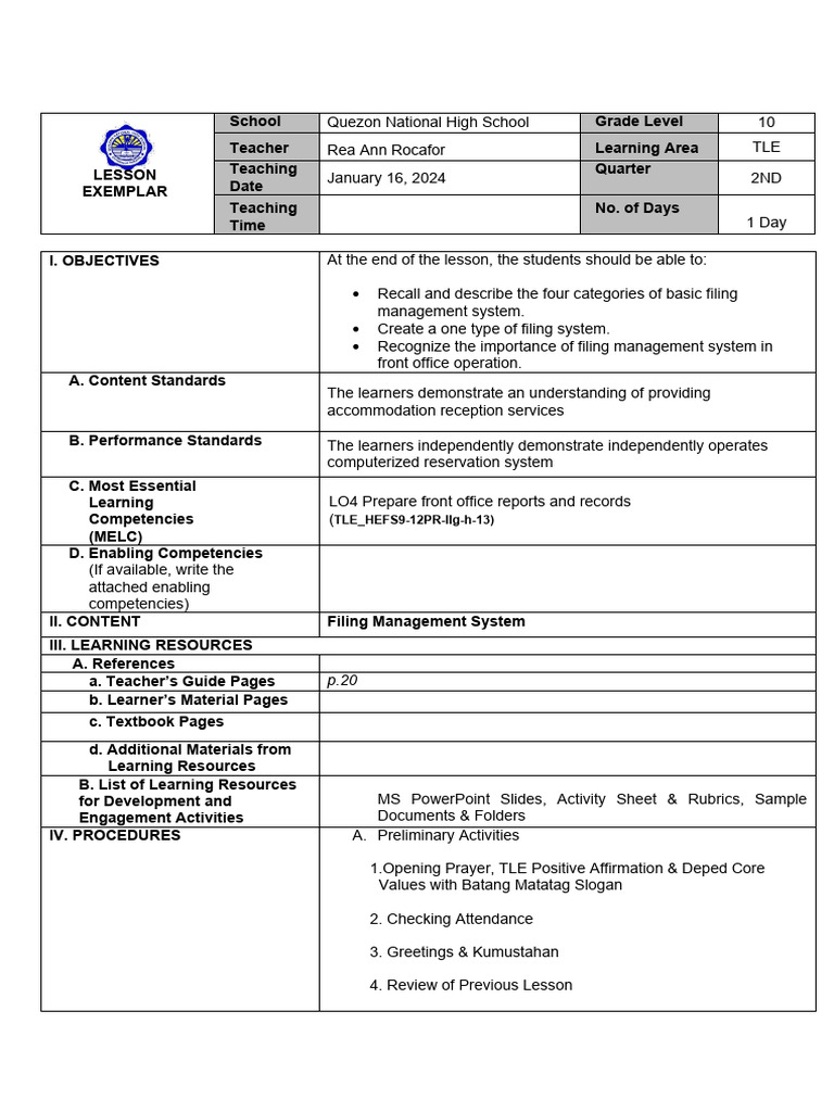 JAN 14 Filing Management System Lesson Plan 1 | PDF | Computer File ...