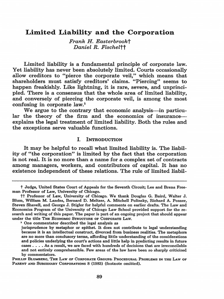 Limited Liability and The Corporation | PDF | Limited Liability ...