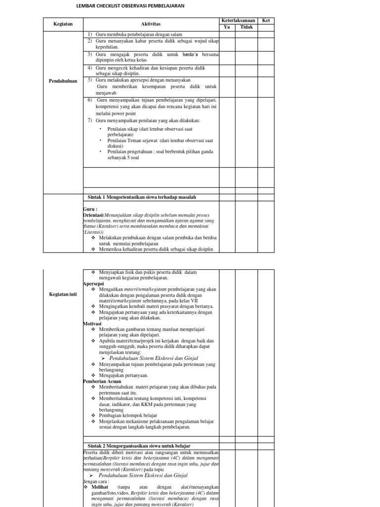 Lembar Checklist Observasi Pembelajaran | PDF