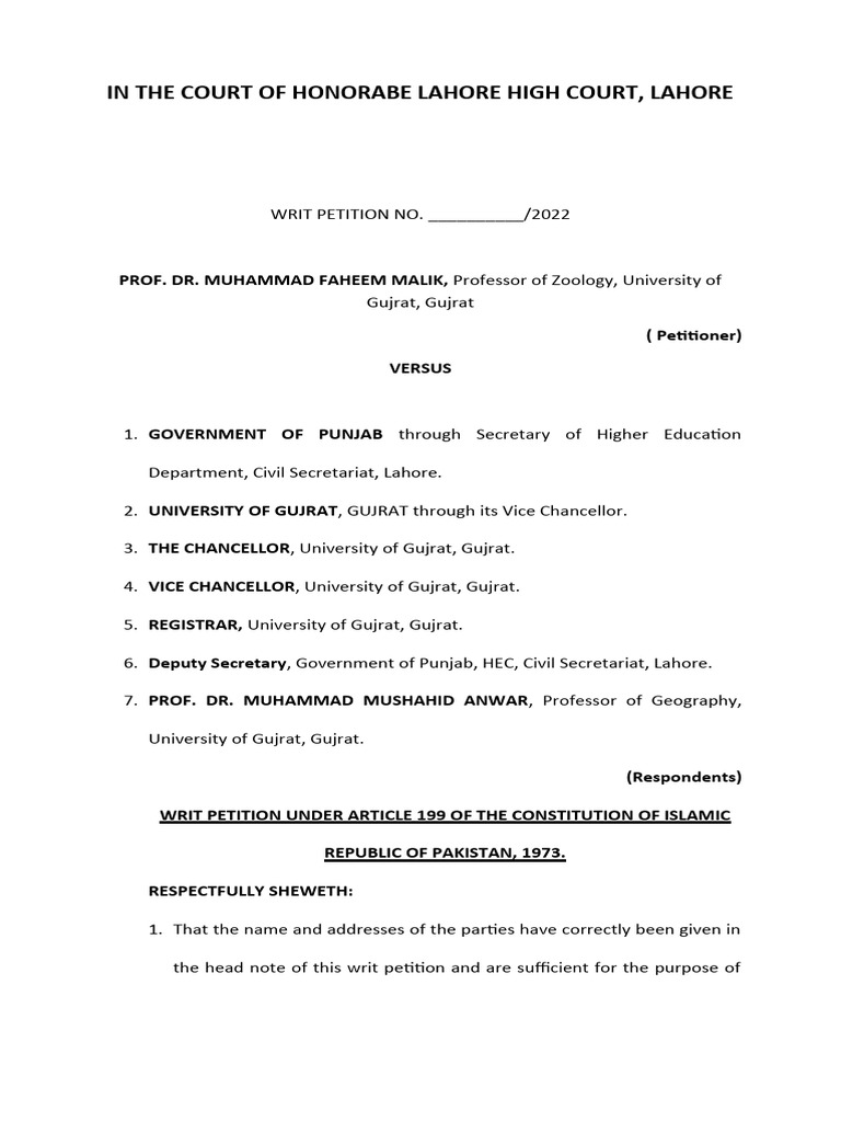 DR Faheem Writ Petition Format-1 | PDF | Public Law | Common Law