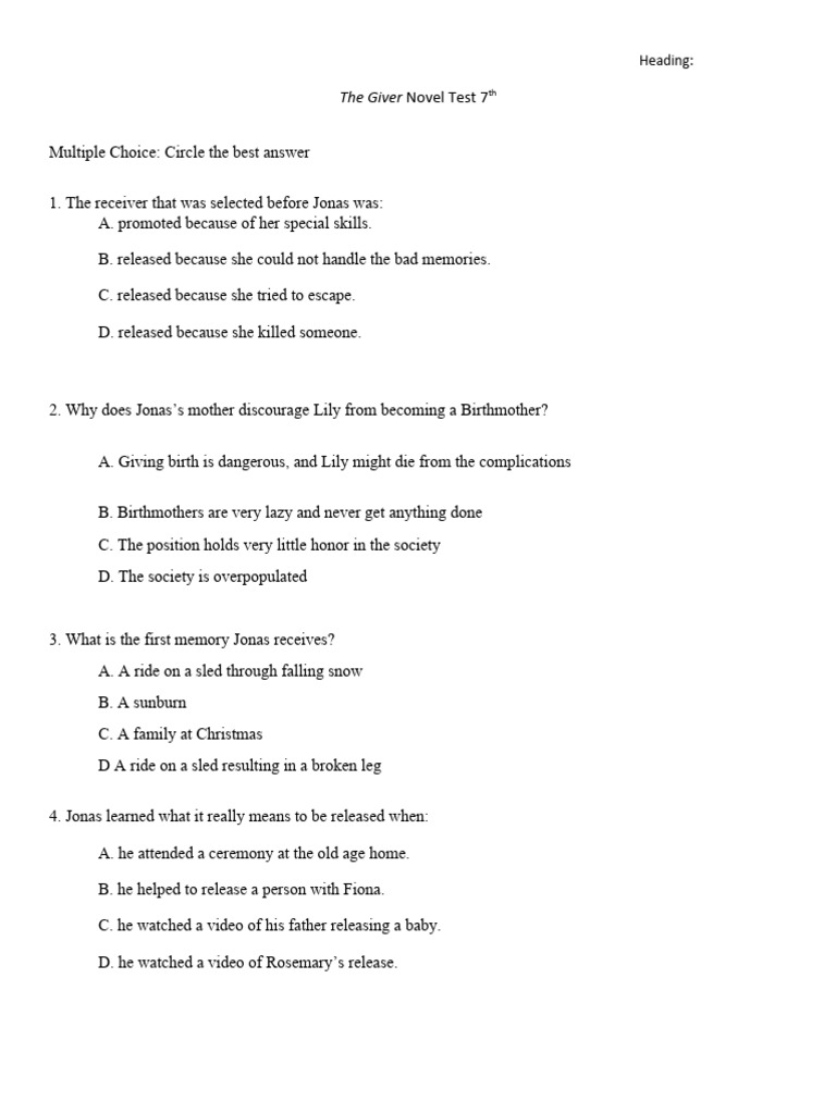 The Giver Test 7th | PDF | The Giver