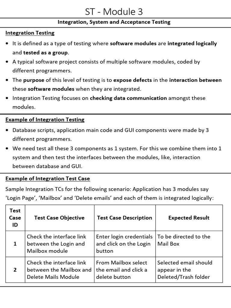 St Module 3 Integration System And Acceptance Testing Integration Testing Pdf Software 