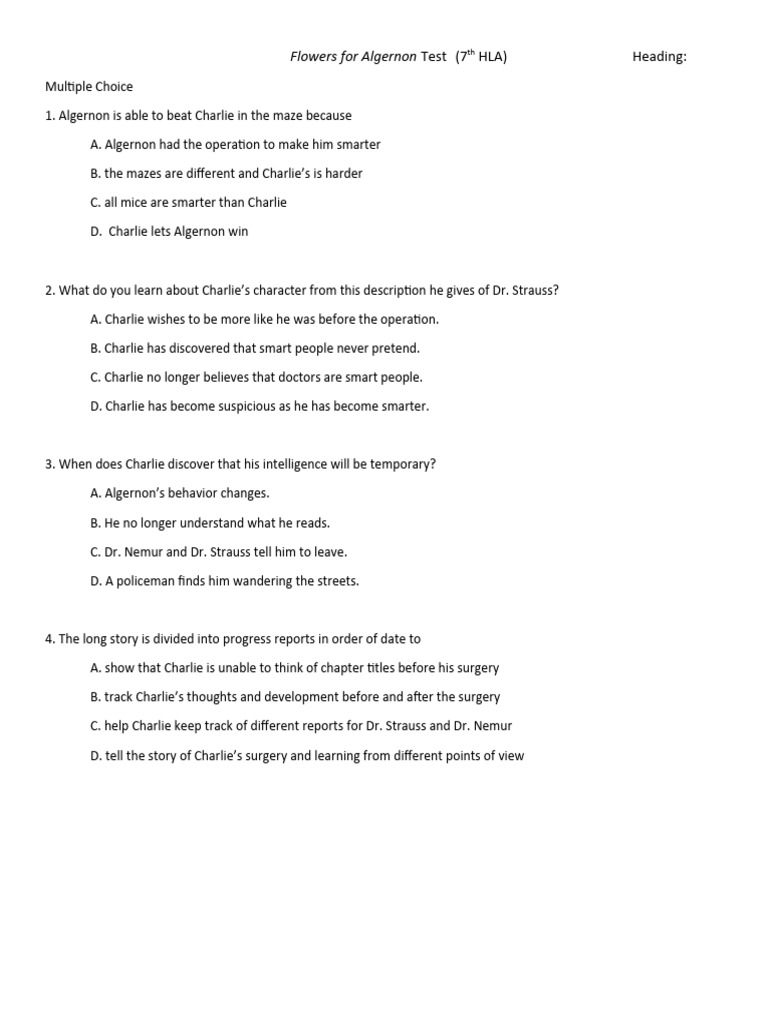 Flowers for Algernon Test: 7th Grade HLA | PDF | Narration | Cognitive ...