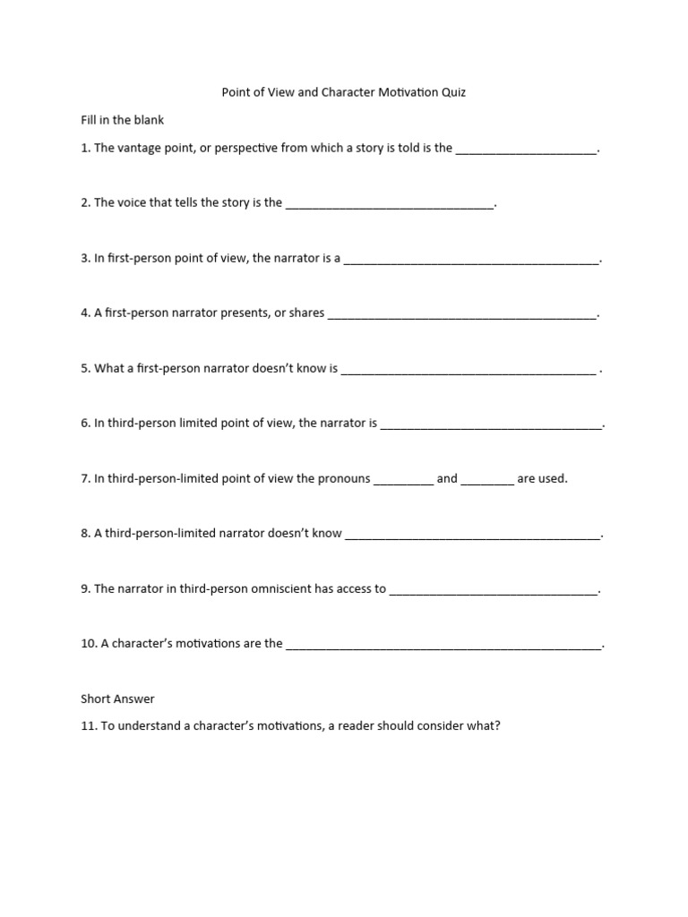 Point of View & Character Motivation Quiz | PDF