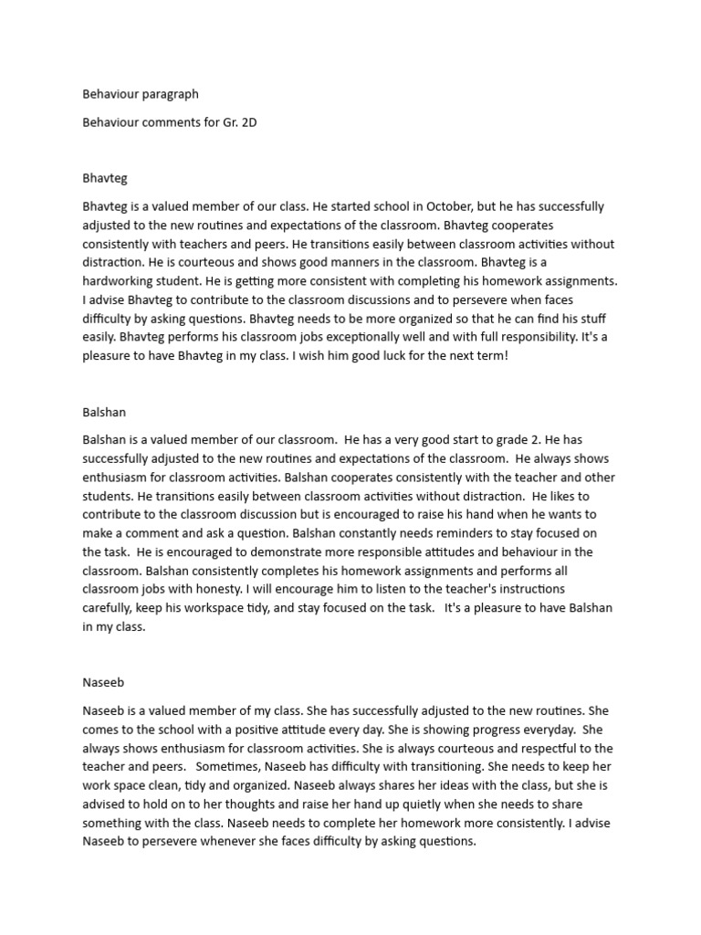 Behaviour Paragraph | PDF | Classroom | Teachers