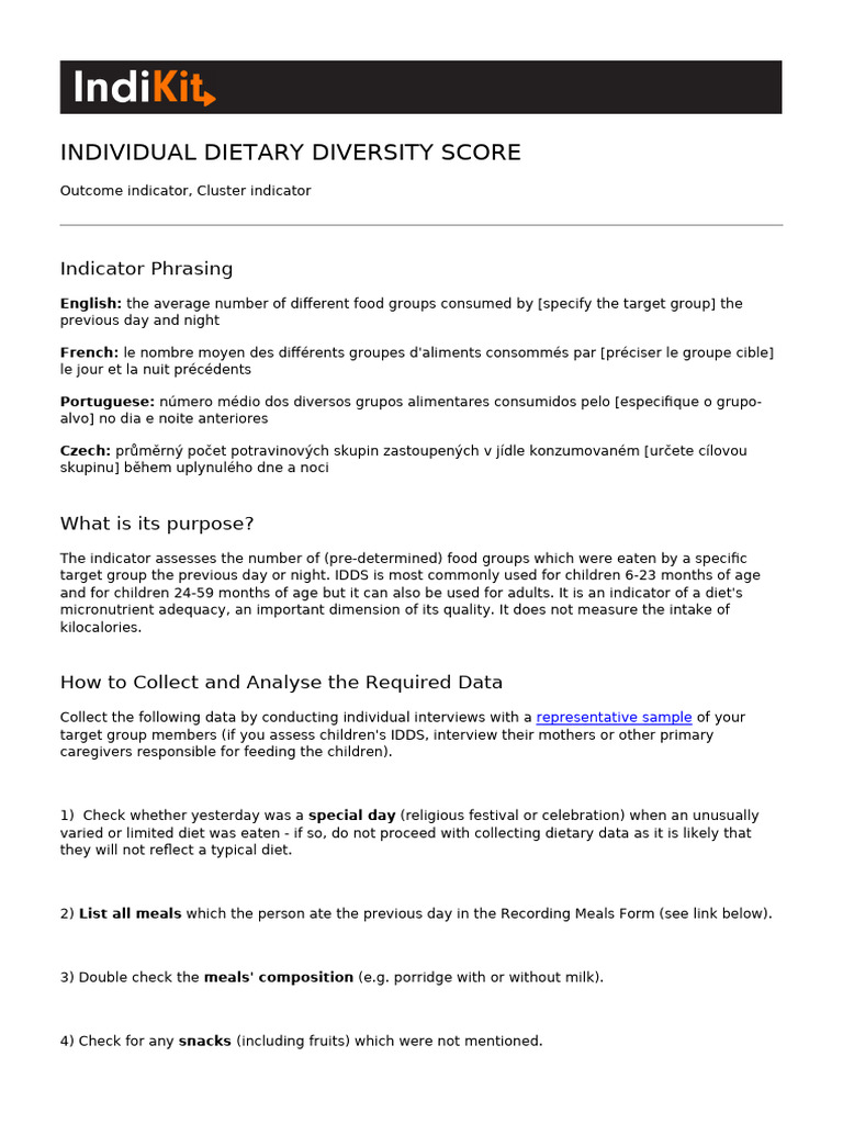 Indicator - Individual Dietary Diversity Score | Download Free PDF ...