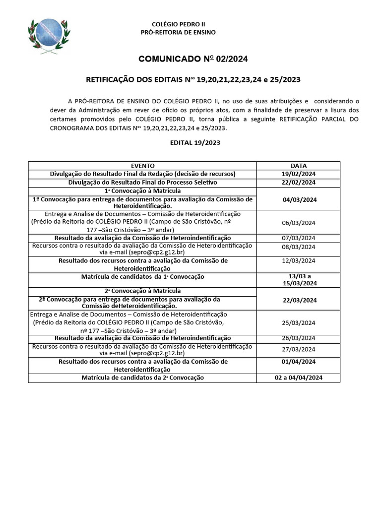 Comunicado 02 24 Crono Alunos | Download grátis PDF | Brasil